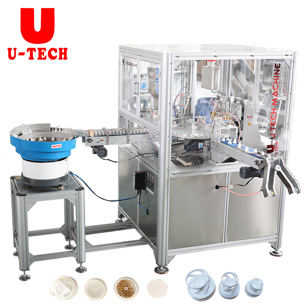 Full automatic spring cap desiccant silica gel wadding inserting filling sealing assembly ...